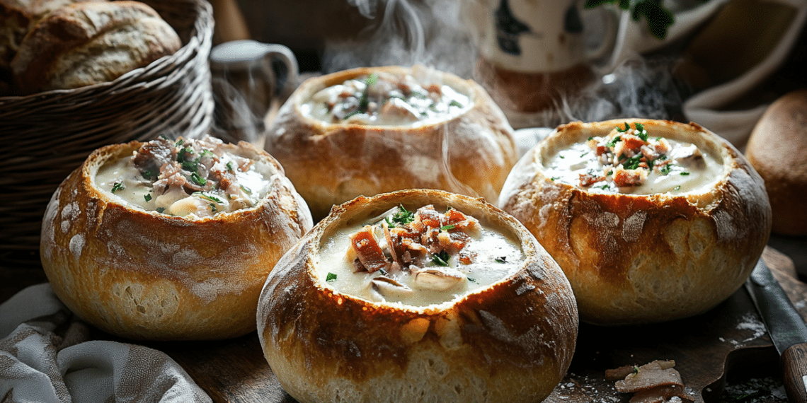 Hearty New England Clam Chowder Served In Homemade Bread Bowls
