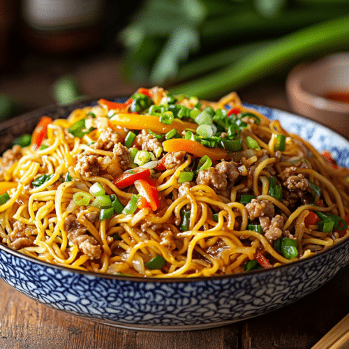 Savory Asian Street Food Pork Mince Chow Mein Delight