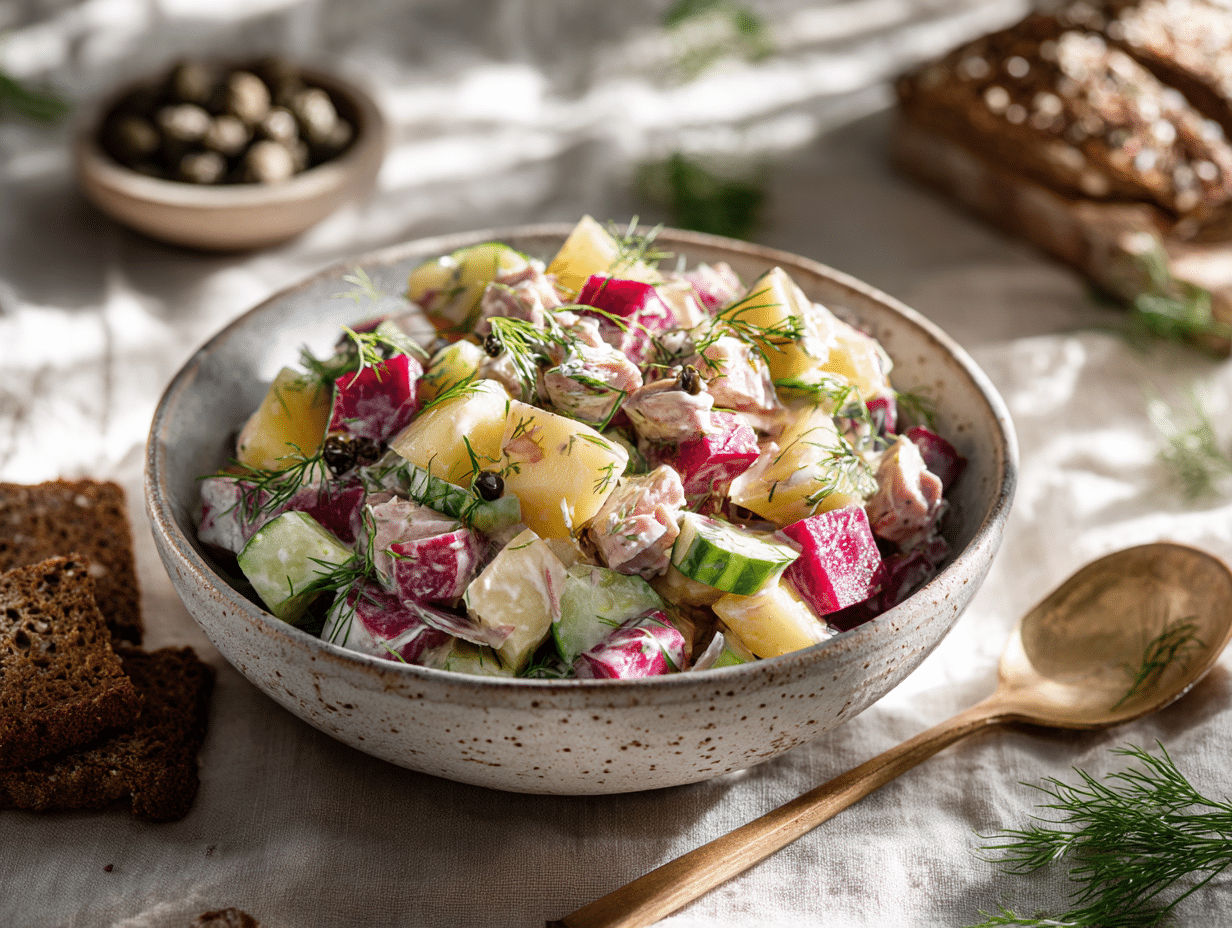 Vibrant Danish Pickled Herring Salad With Creamy Dressing
